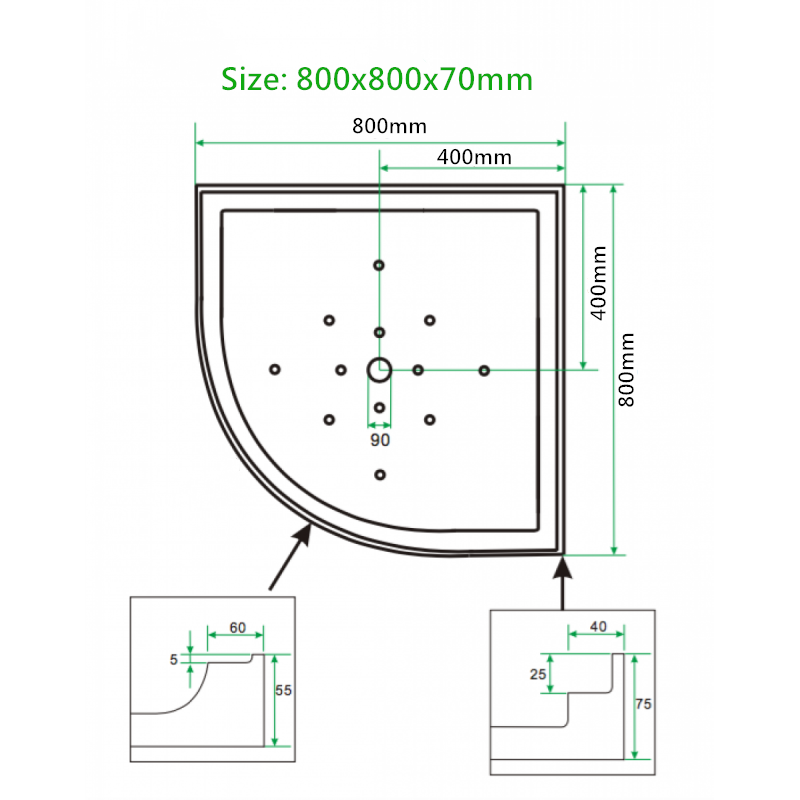 Shower Tray – Round Series 800X800mm – Center only – TW Homewares
